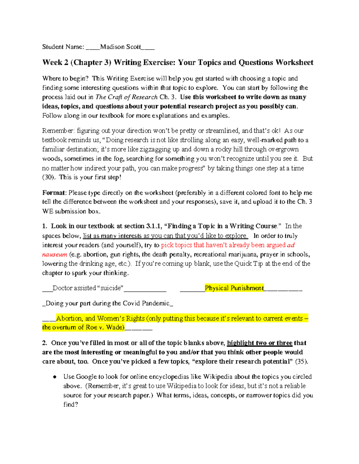 Week 2 (Chapter 3) Writing Exercise Your Topics and Questions Worksheet ...