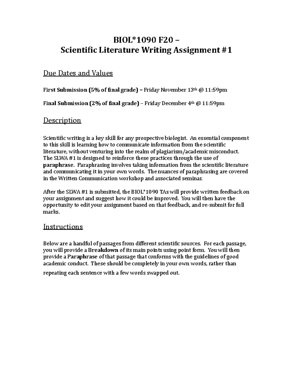 BIOL 1090 F20 - Scientific Writing Assignment #1 - BIOL*1090 F20 ...