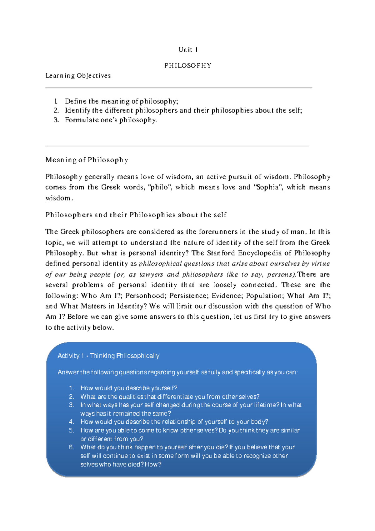 Philosophy in SOCIAL STUDIES - Un it 1 PHILOSOPHY Le arn in g Obje ...