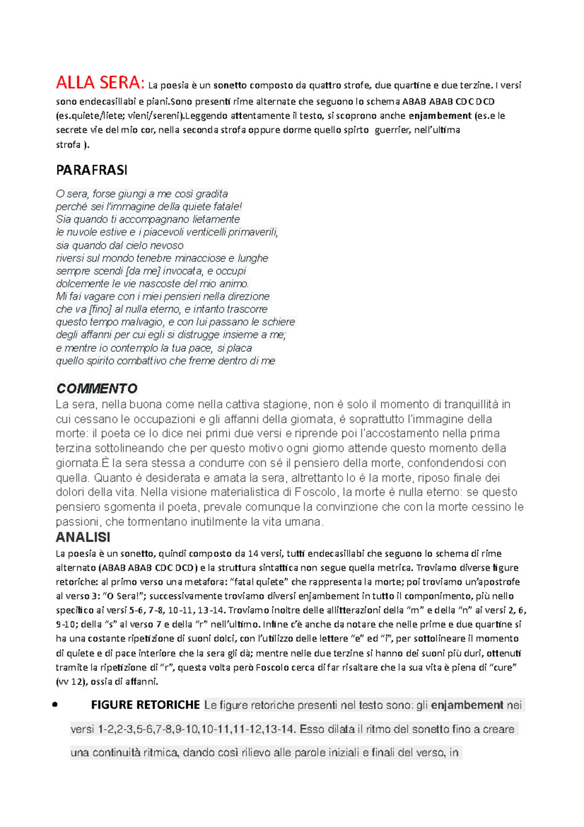 ALLA SERA spiegazione poesia - letteratura italiana - UniVr - Studocu