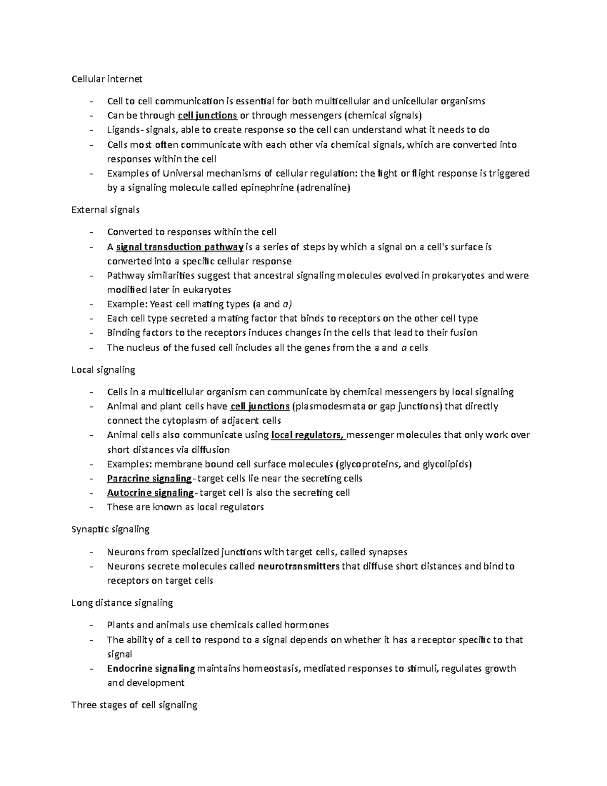 Bio chapter 11 notes - Cellular internet Cell to cell communication is ...