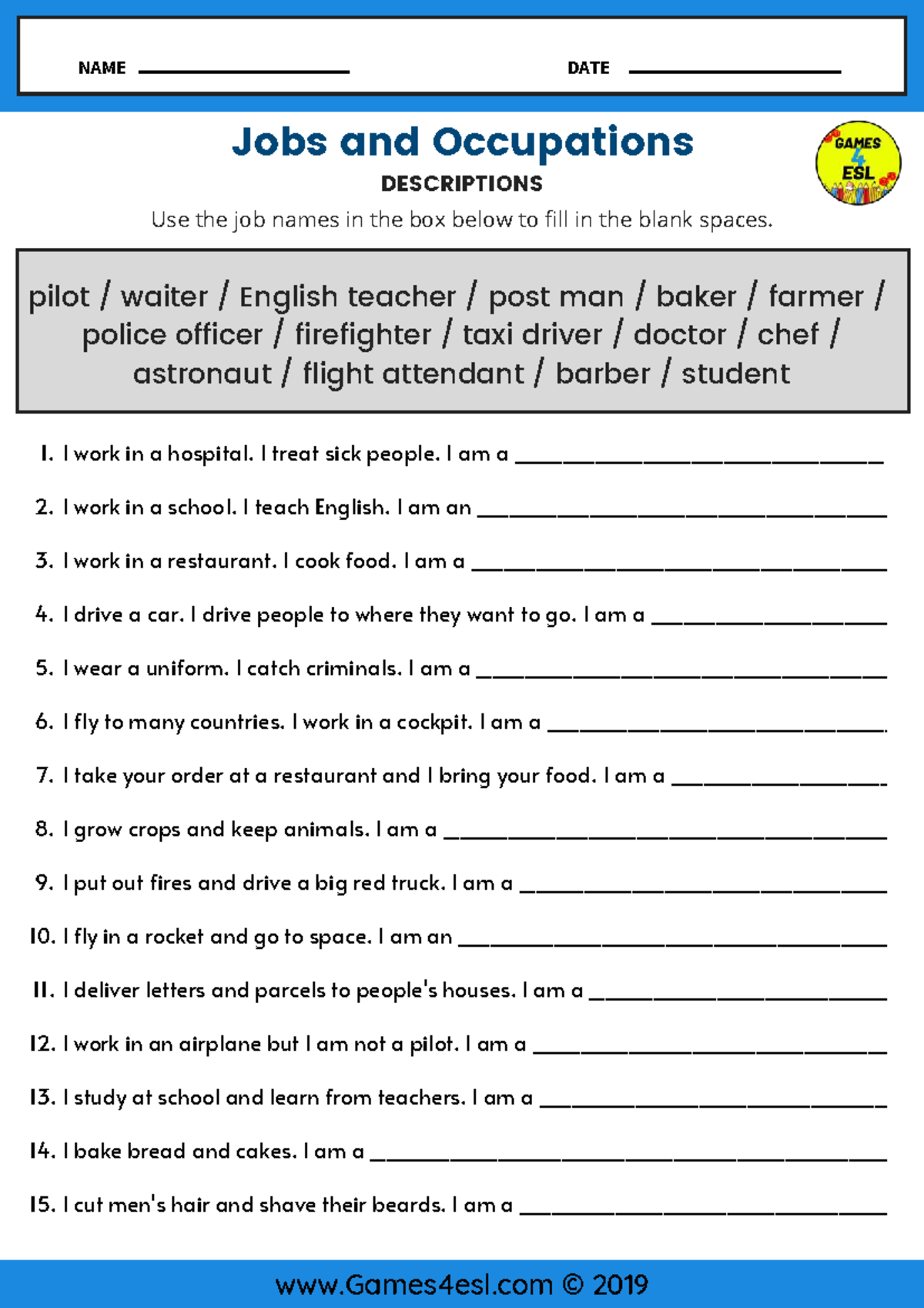 Jobs and Occupations Worksheet Job Descriptions - NAME DATE I work in a ...