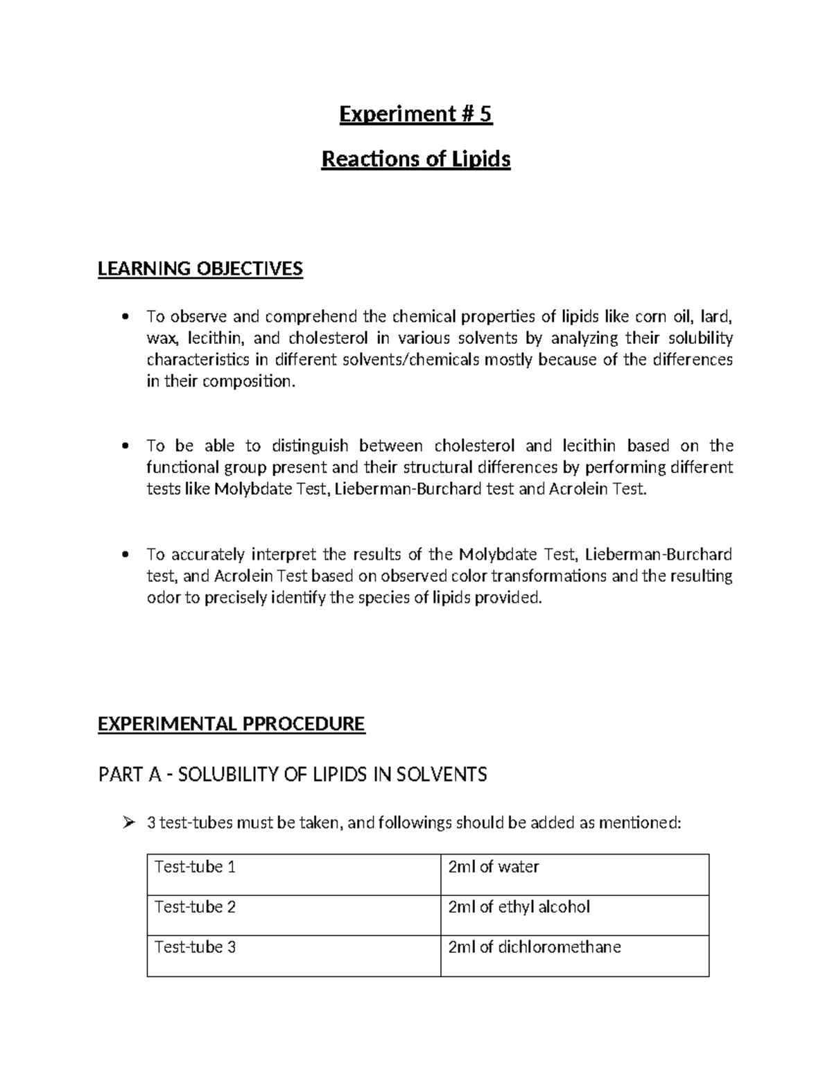 Experiment # 5Reactions of Lipids - Experiment # 5 Reactions of Lipids ...