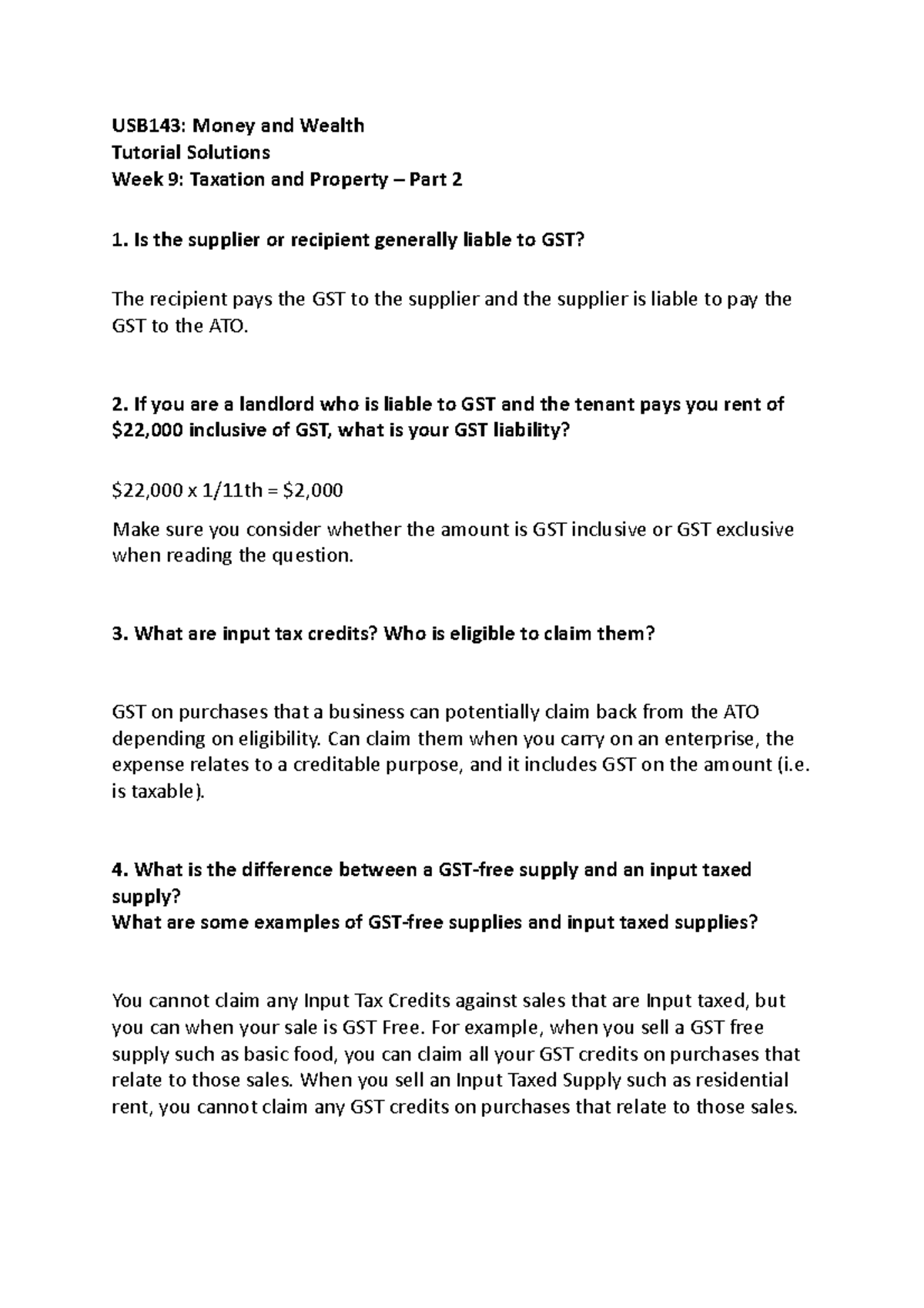 USB143 Tutorial 9 Solutions-1 - USB143: Money and Wealth Tutorial ...
