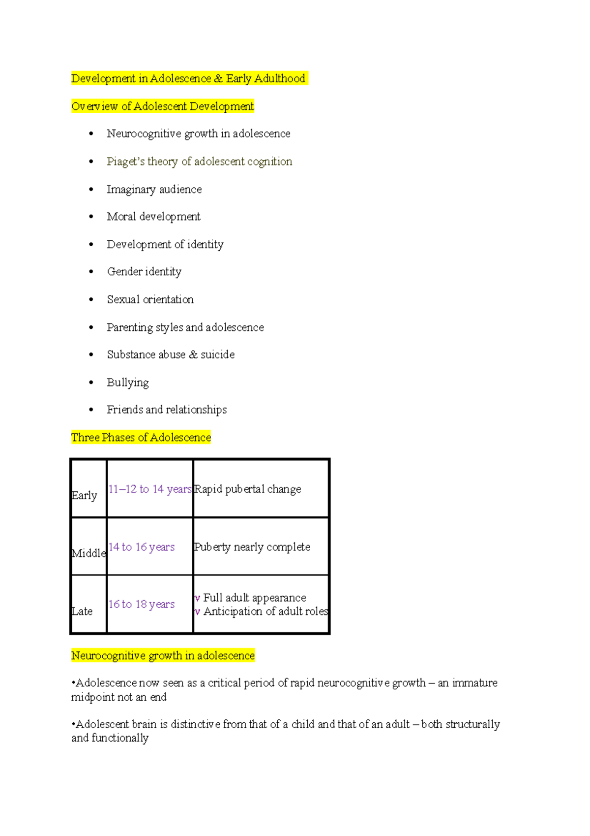 PSYC2004 - Early Adulthood Lecture WEEK 10 - Development in Adolescence ...