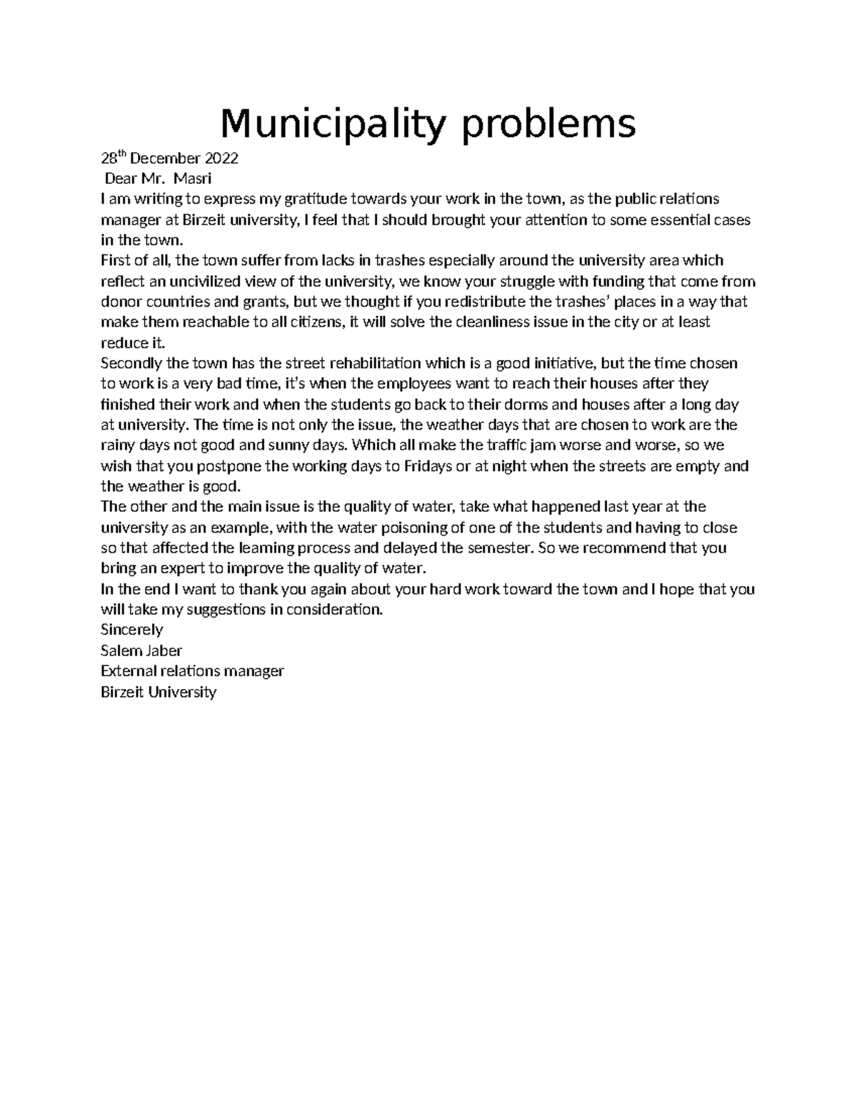 Complaint letter - focus - Municipality problems 28 th December 2022 ...