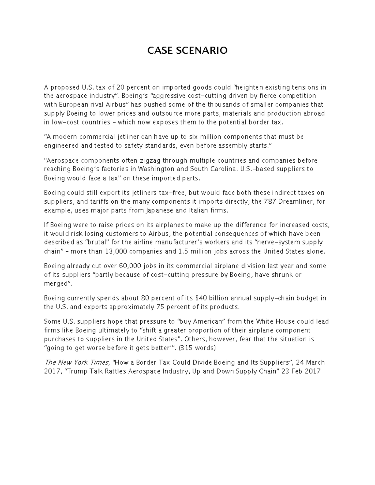 CASE Scenario - CASE SCENARIO A proposed U. tax of 20 percent on ...