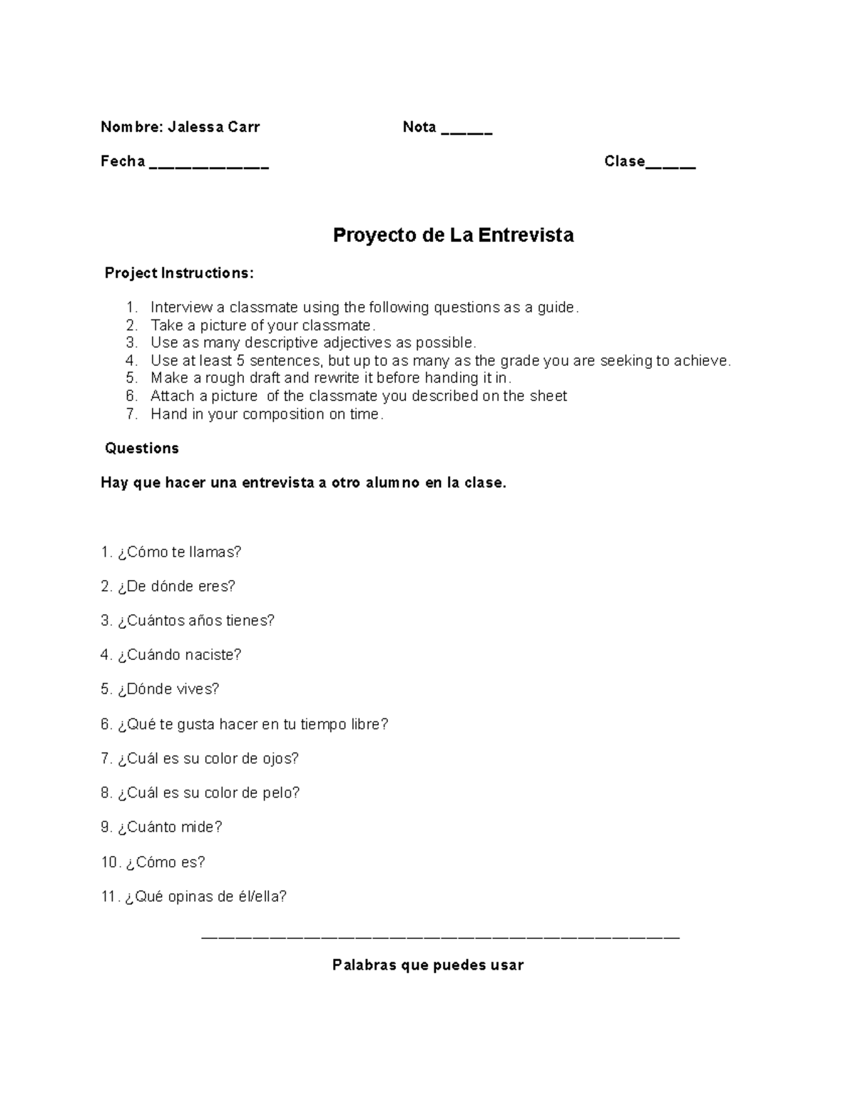 - Project La entrevista - Nombre: Jalessa Carr Nota ______ Fecha ...