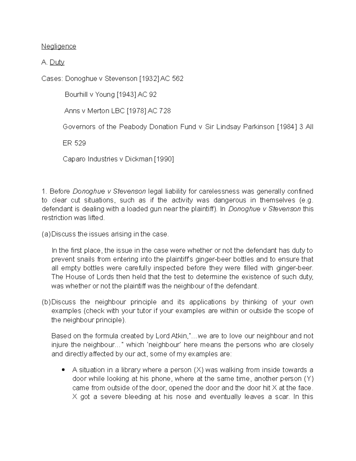 Tutorial 1 and 2 - Negligence A. Duty Cases: Donoghue v Stevenson [1932 ...