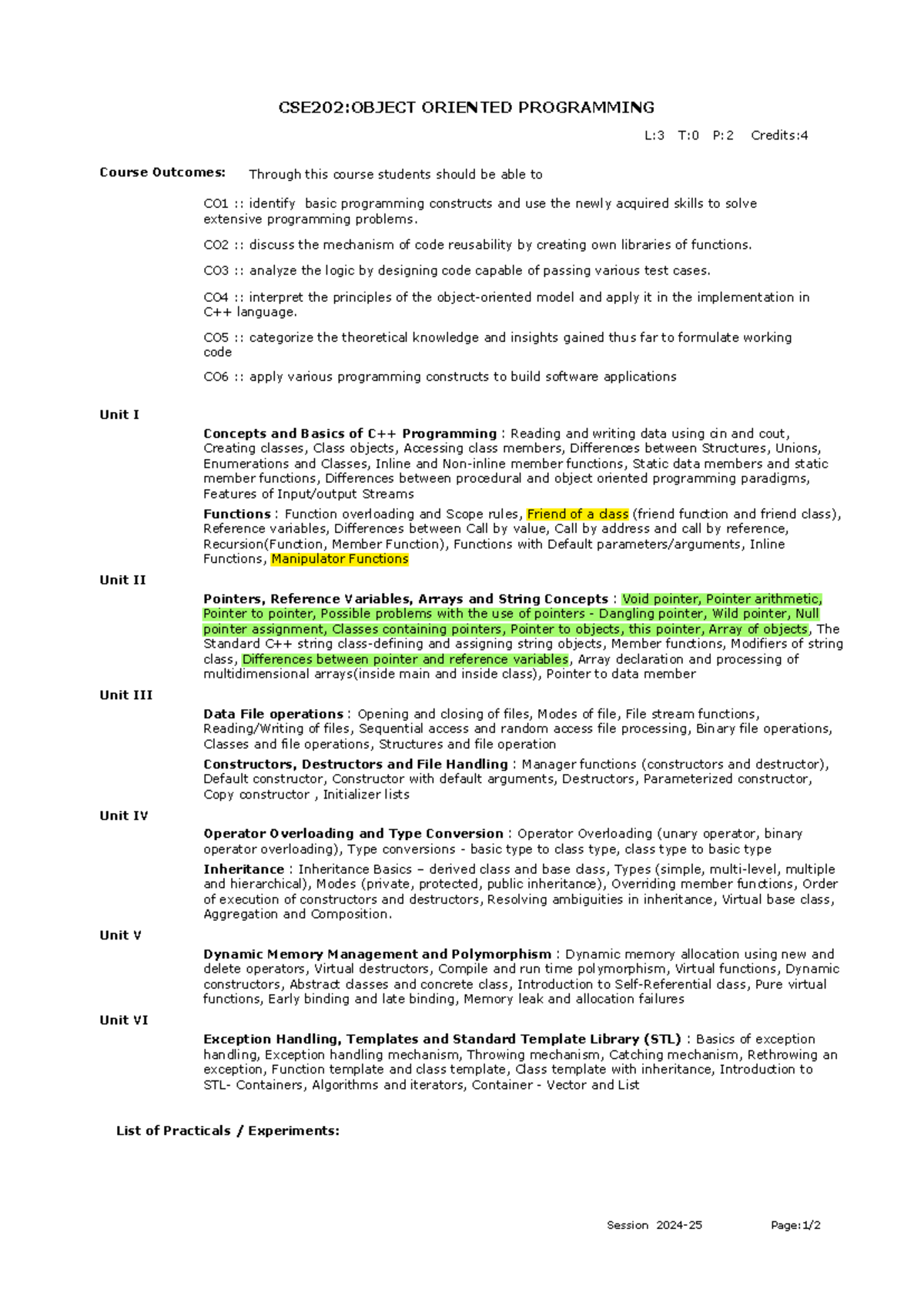 Frm Course Syllabus IPDownload - CSE202:OBJECT ORIENTED PROGRAMMING ...