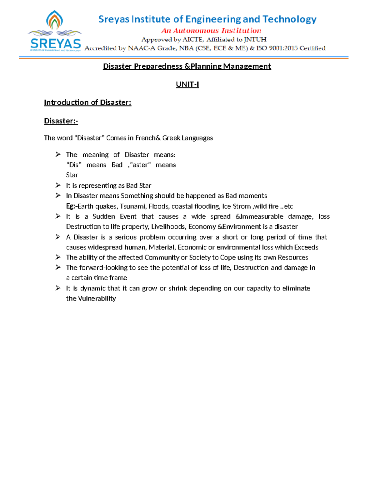 DPPM UNIT-I Material - good one - Disaster Preparedness &Planning Management UNIT-I Introduction ...