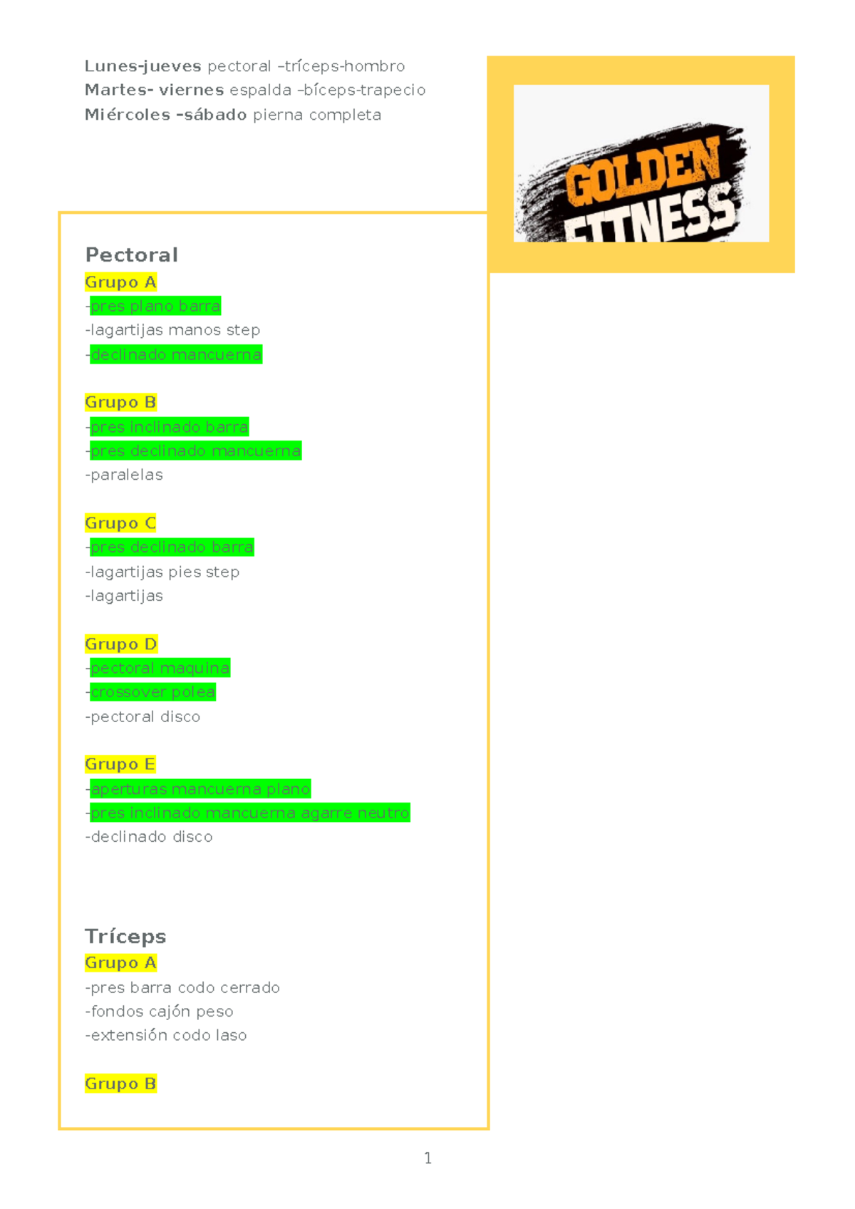 Rutina golden por grupos hombres - Lunes-jueves pectoral –tríceps ...