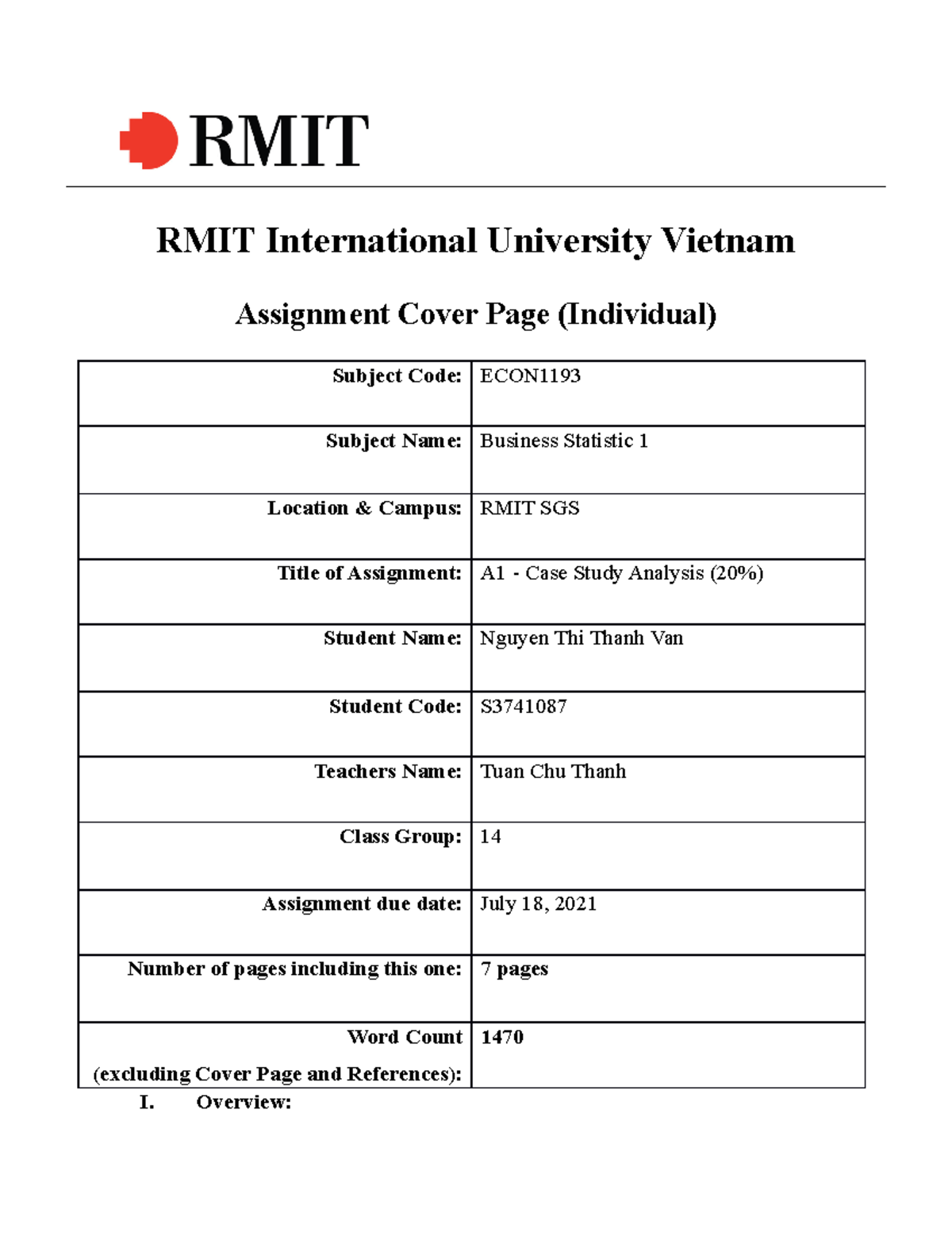 ECON1193 Business Statistic Assignment 2 - RMIT - RMIT International ...
