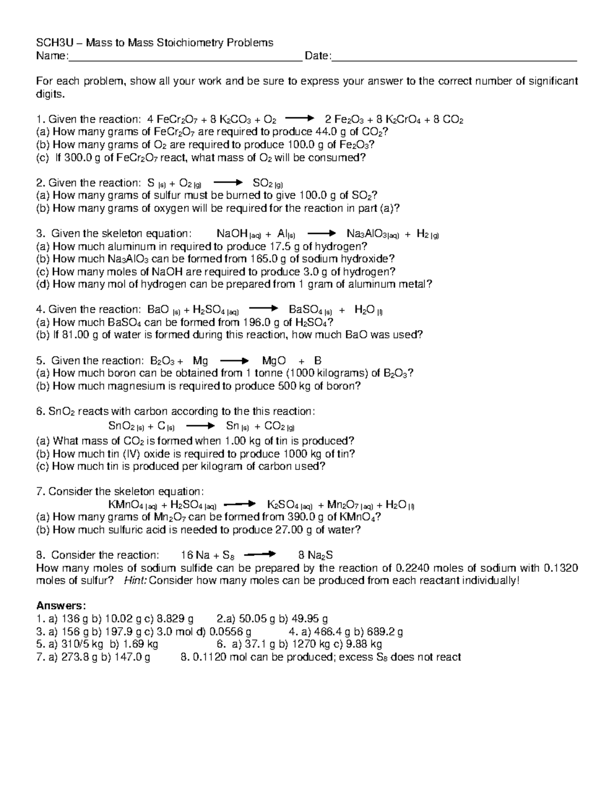 5a - Stoichiometry Mass Problems - SCH3U – Mass to Mass Stoichiometry ...