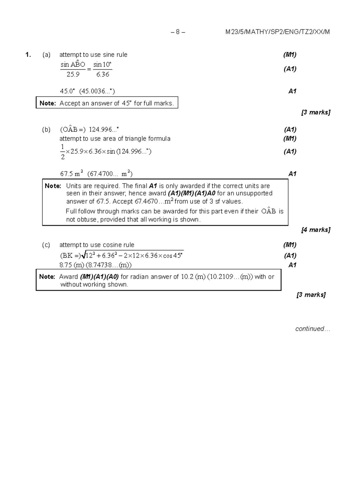 Paper 2 Key - 1. (a) attempt to use sine rule (M1) sin ABO ˆ sin 25 6 ...