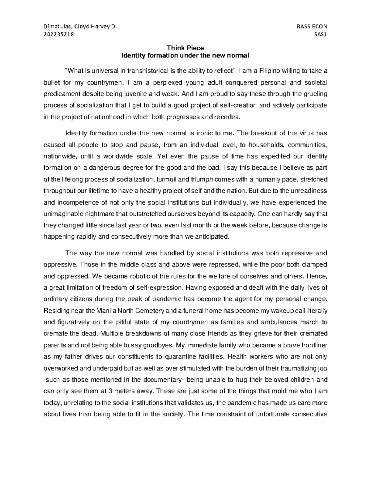 Dimatulac Think Piece - Dimatulac, Cloyd Harvey D. BASS ECON 202235218 ...