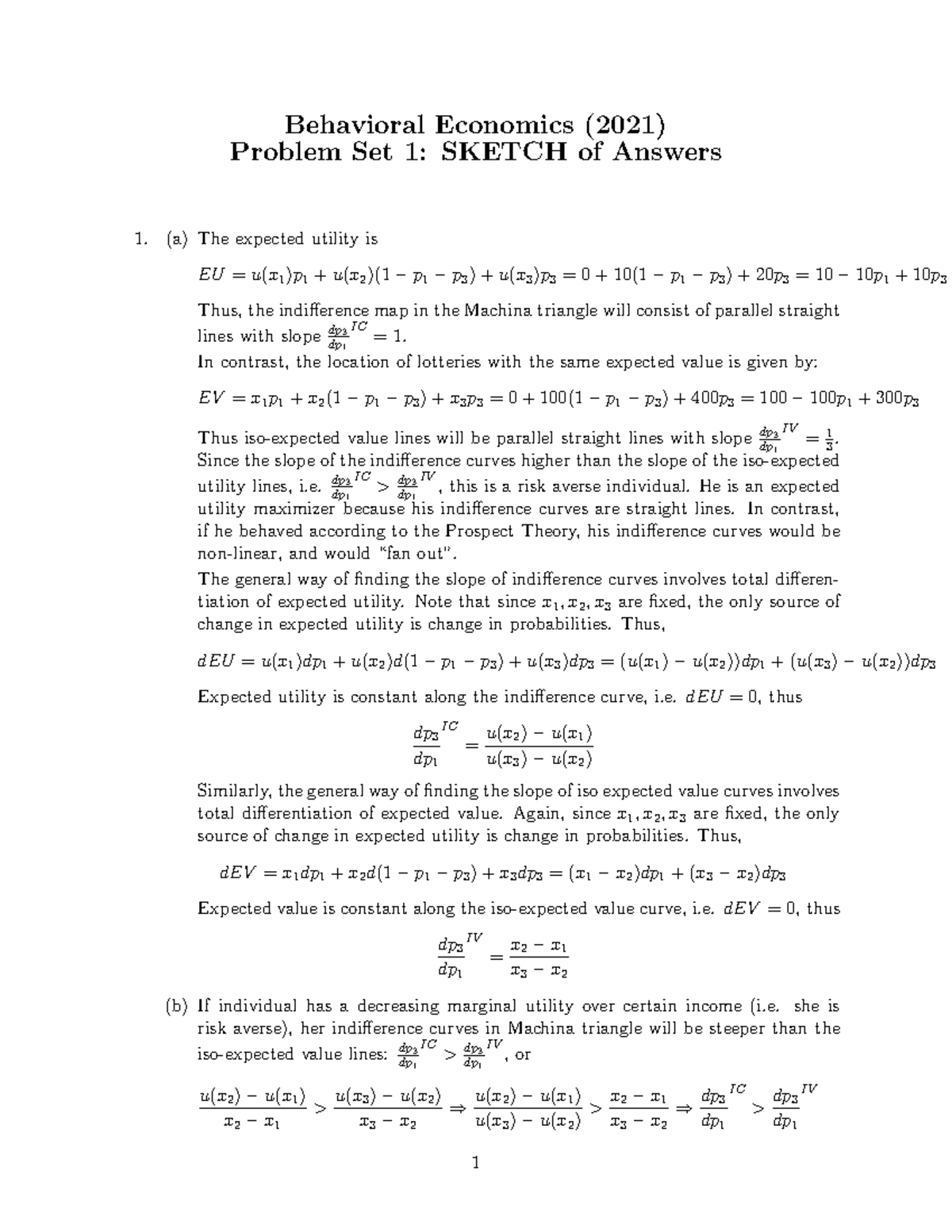 Tutorial 1ans - Behavioral Economics (2021) Problem Set 1: SKETCH of ...