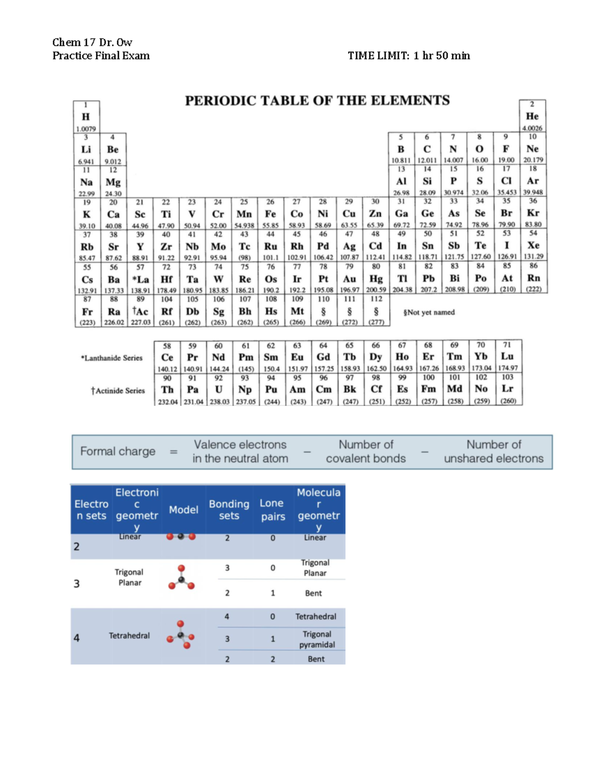 Chem 17 Practice Final Exam - Practice Final Exam TIME LIMIT: 1 hr 50 ...