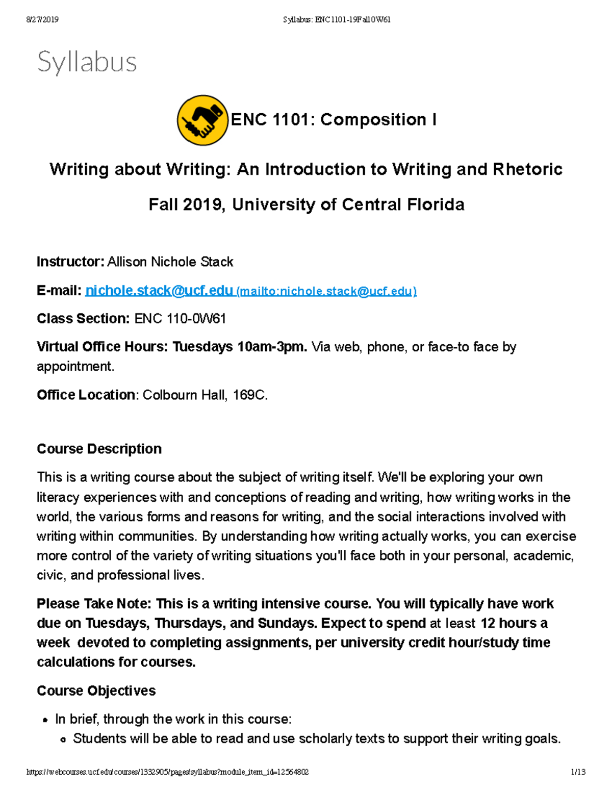 FA19 ENC 1101 - Syllabus - Syllabus ENC 1101: Composition I Writing ...