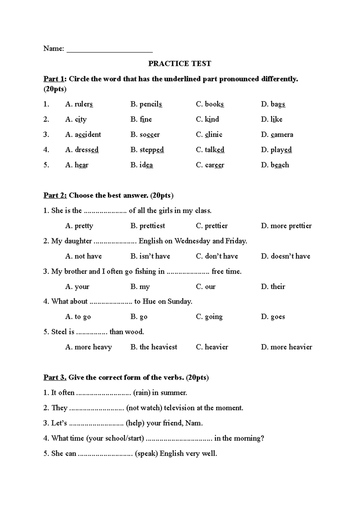 test dau vao lop 7 - Name: ______________________ PRACTICE TEST Part 1 ...