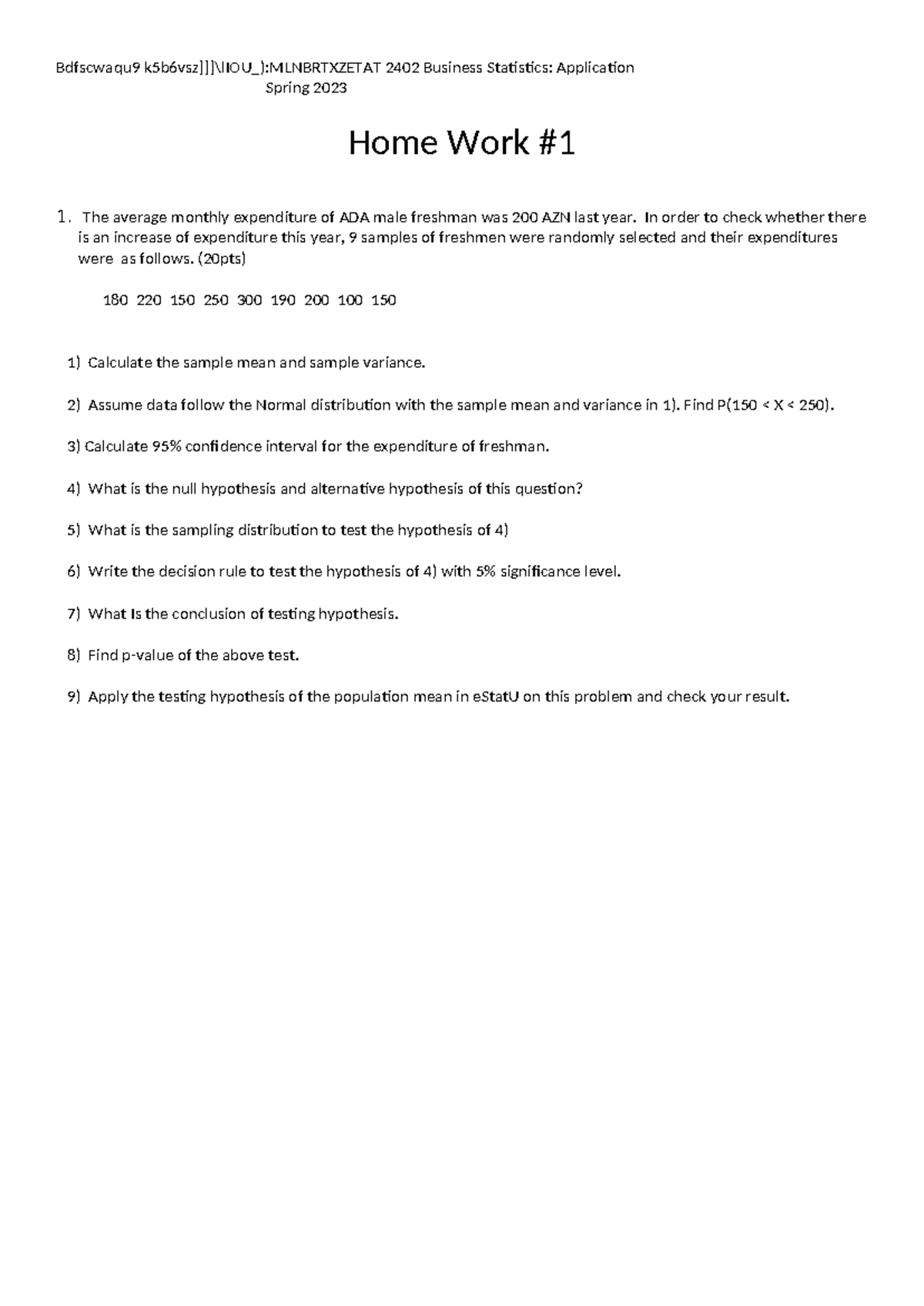 Hw1 Homework 1 Bdfscwaqu9 K5b6vsz]]] Liou Mlnbrtxzetat 2402 Business Statistics