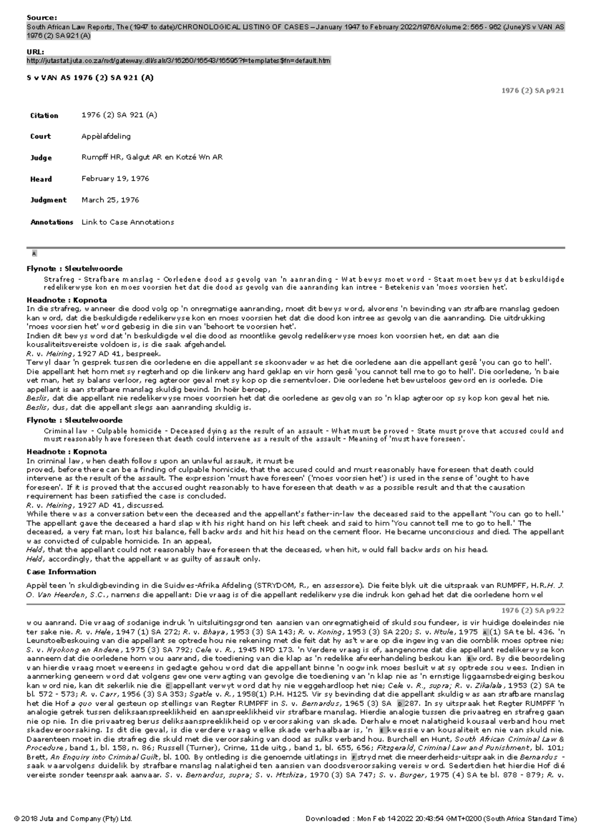 S v VAN AS 1976 (2) SA 921 (A) - Source: South African Law Reports, The ...