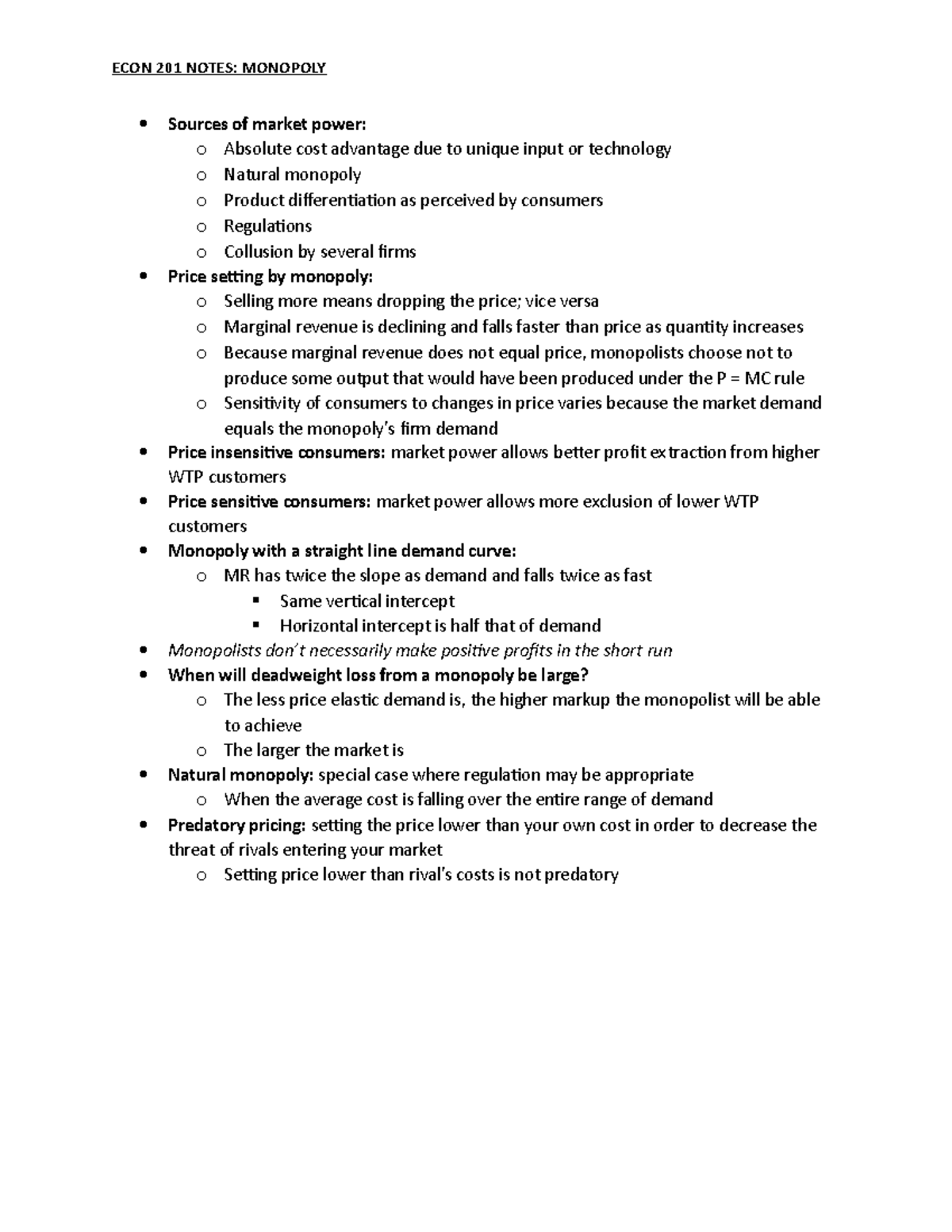 Econ 201 Monopoly Notes Econ 201 Notes Monopoly Sources Of Market