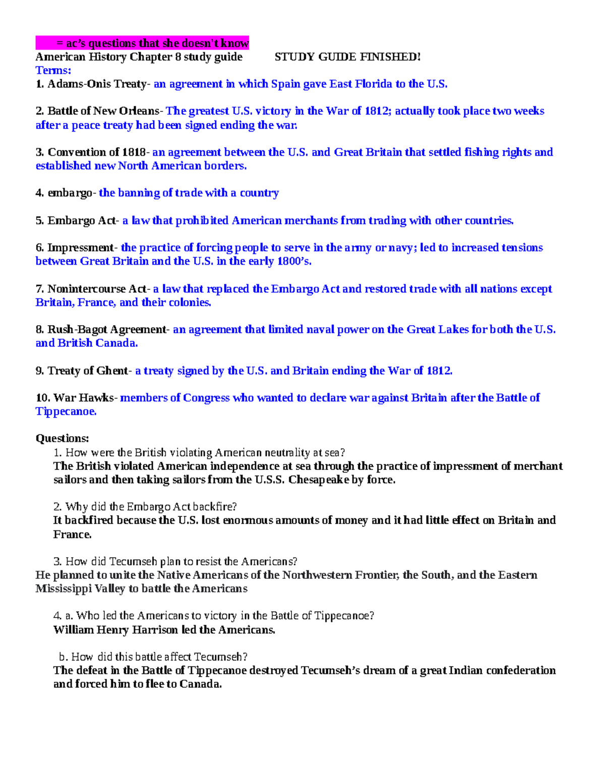 Chapter 8 Study Guide - Google Docs - = ac’s questions that she doesn't ...