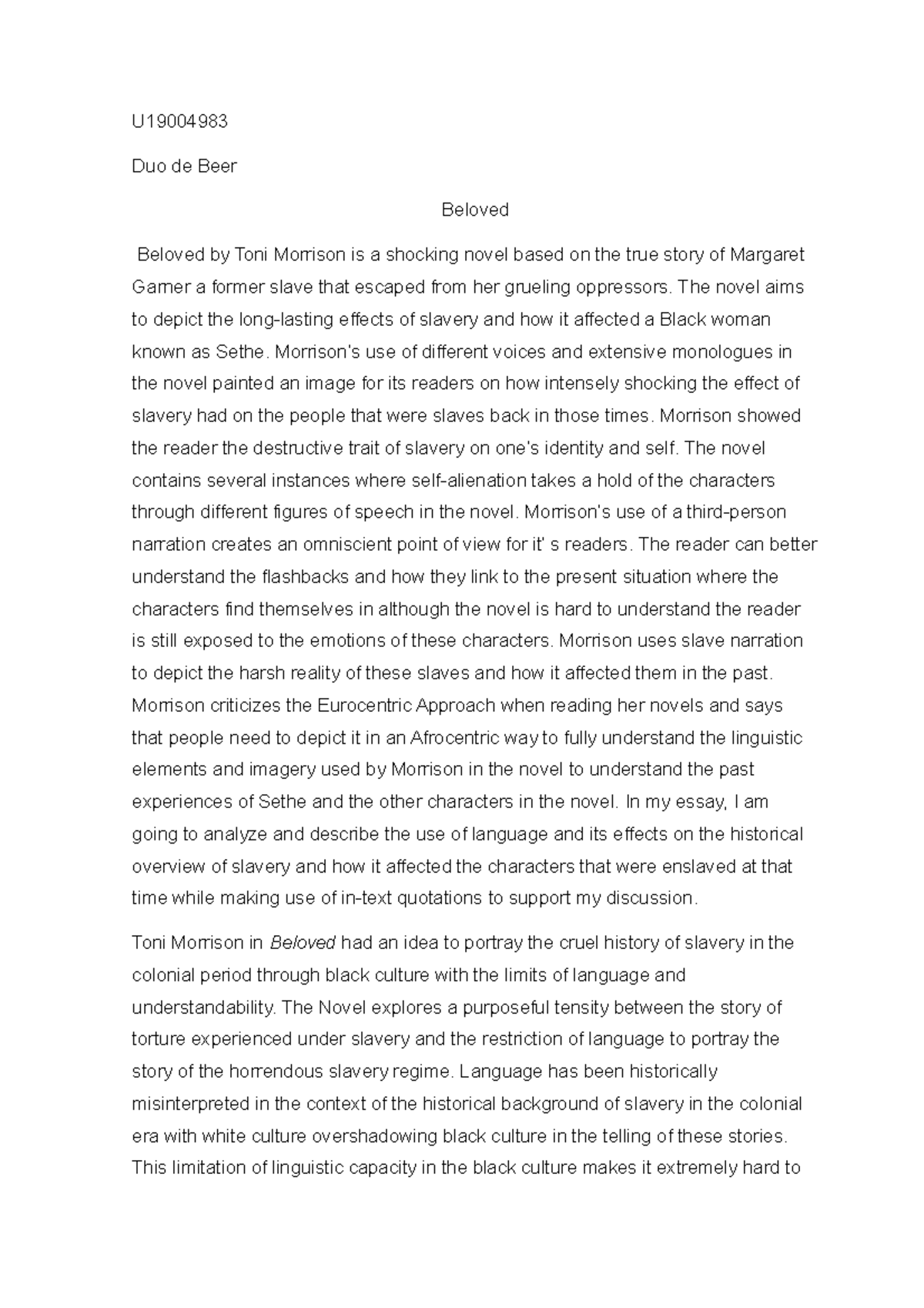 Eng 210 - Essay fro eng 210 students - U Duo de Beer Beloved Beloved by ...