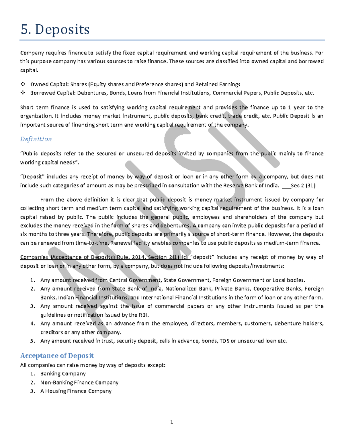 Notes of 5. Public Deposits - 5. Deposits Company requires finance to ...