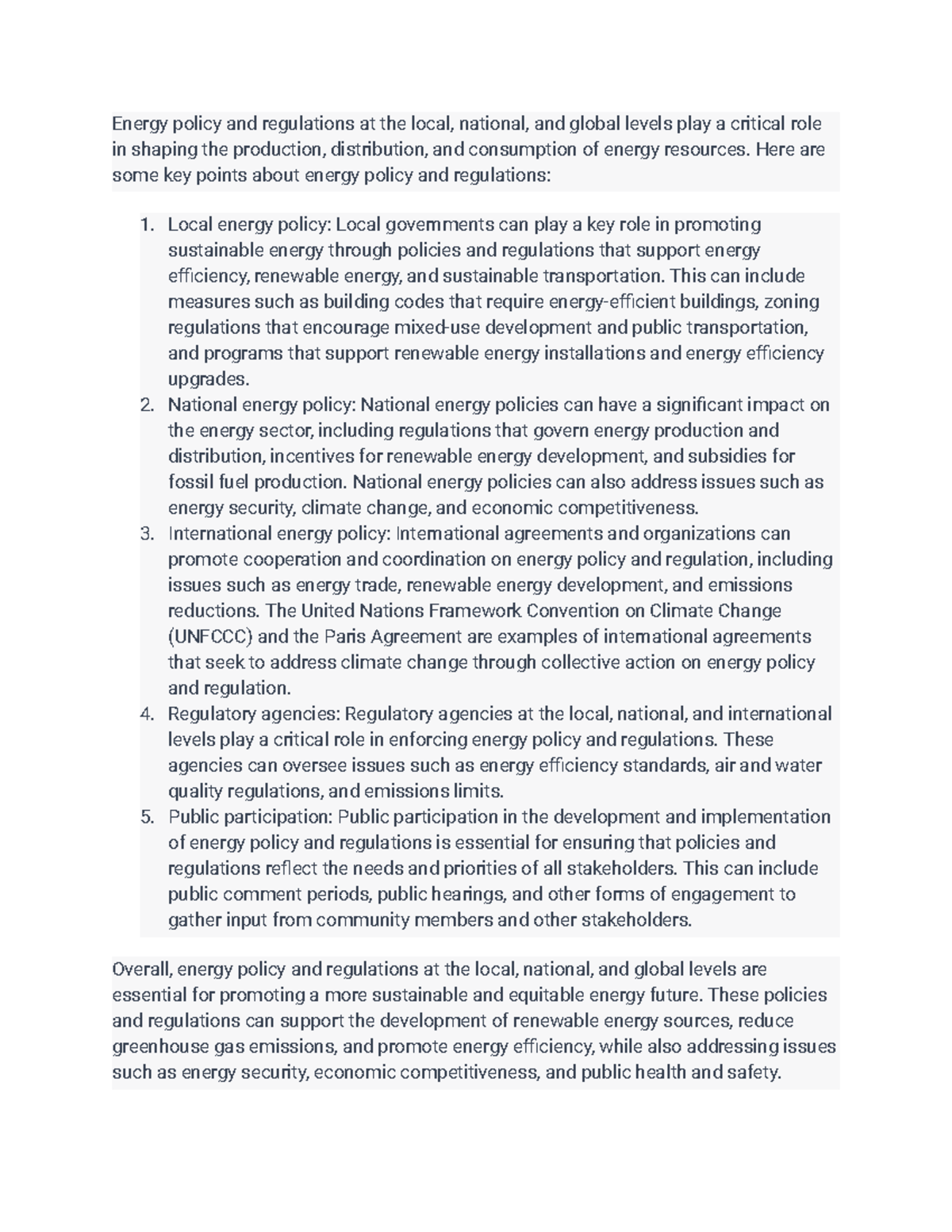 Energy policy and regulations at local, national, and global levels ...