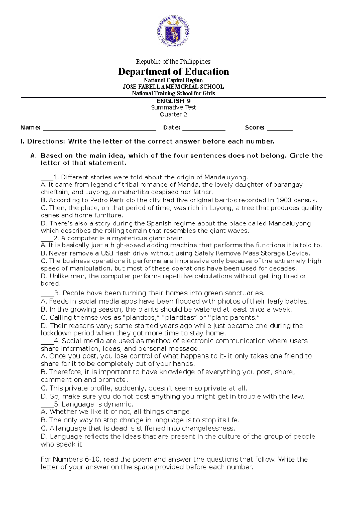 English EXAM Q2 - Republic of the Philippines Department of Education ...