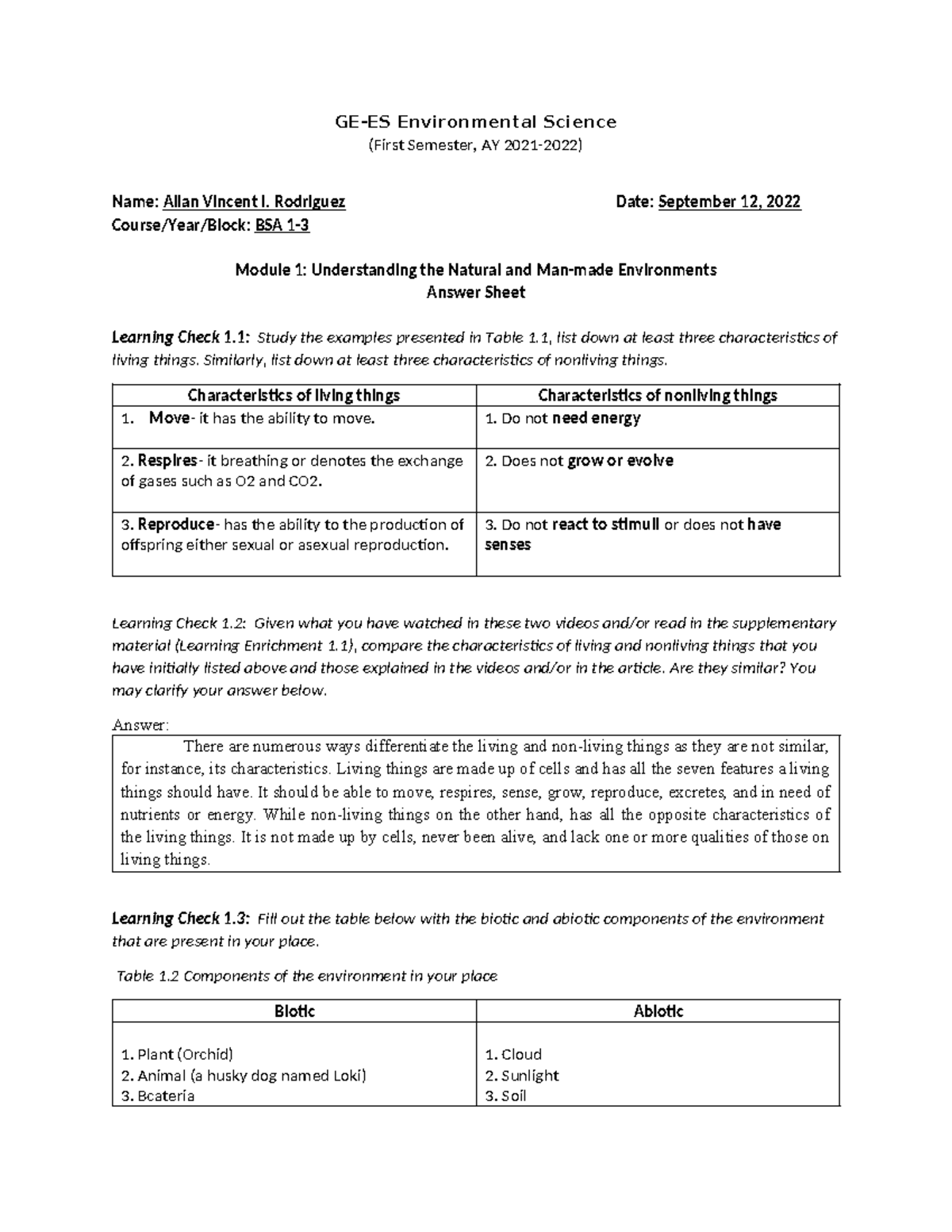 GE-ES Module 1 Answer Sheet - GE-ES Environmental Science (First ...