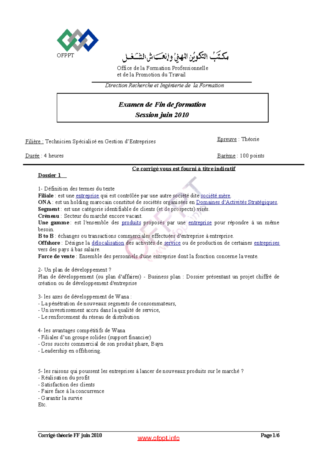 Corrige de lexamen de fin de formation tsge 2010 theorie - OFPPT Office ...