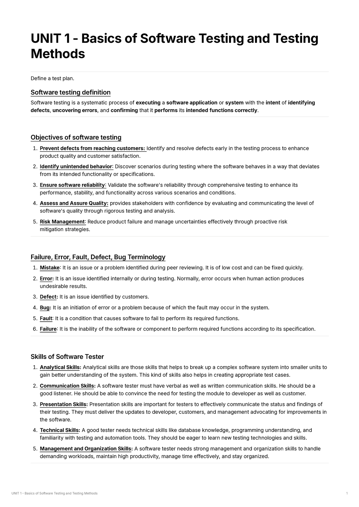 Unit 1 Ste Notes Final Final Unit 1 Basics Of Software Testing And Testing Methods Define A 7991