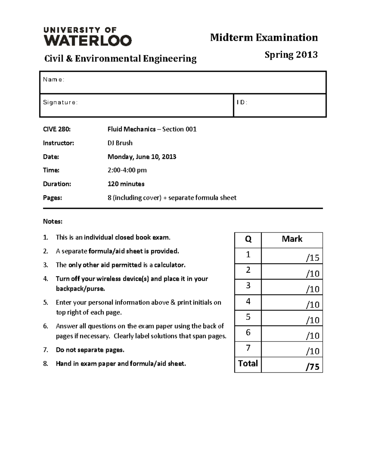 Exam 10 June 2013, Questions - Midterm Examination - Midterm Examination Spring 2013 Civil - Studocu