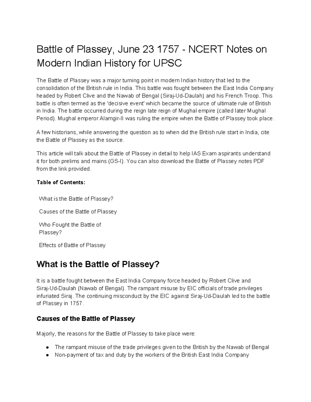 Battle of Plassey June 23 1757 Ncert Notes on Modern Indian History for ...