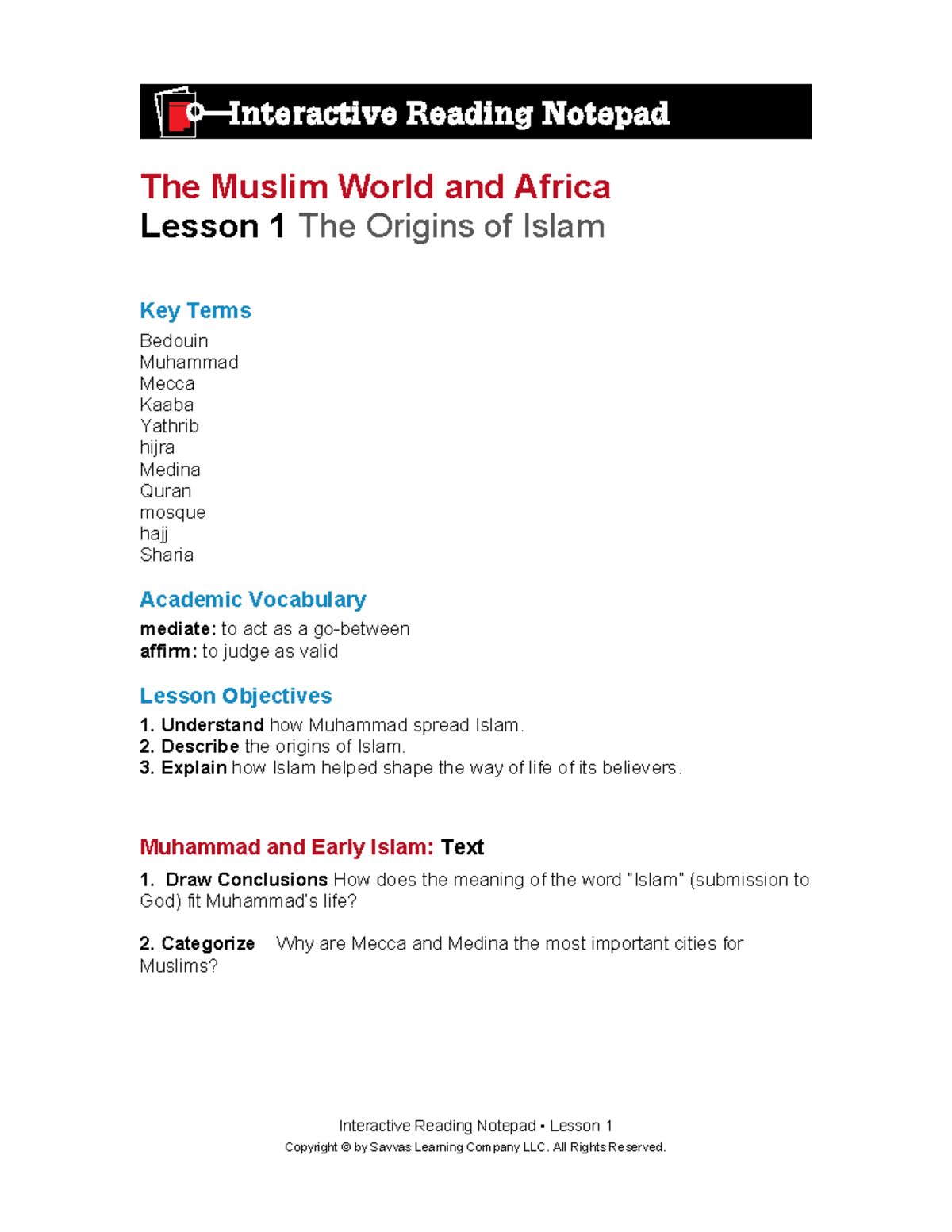 2-1 Early Islam - rsfes - Interactive Reading Notepad • Lesson 1 ...