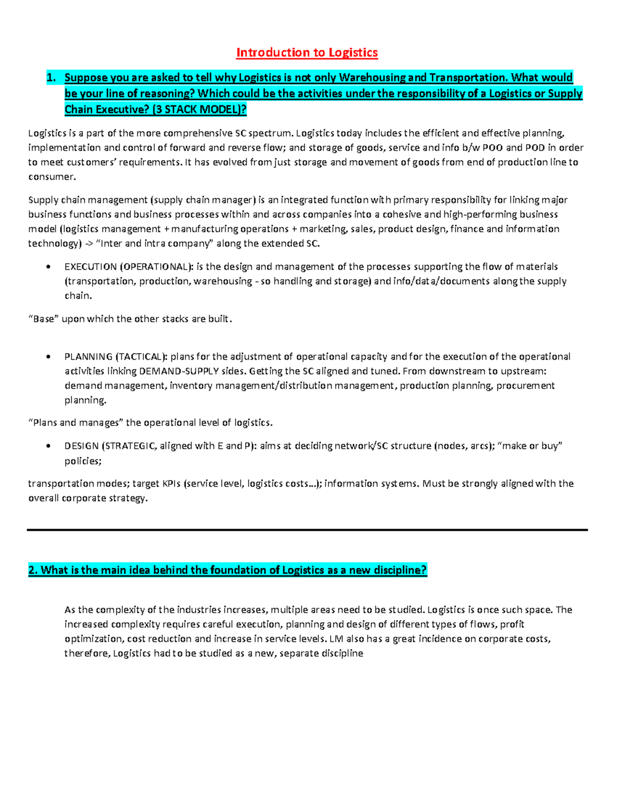 Logestics Exams Q and A - Open Questions - Introduction to Logistics 1 ...