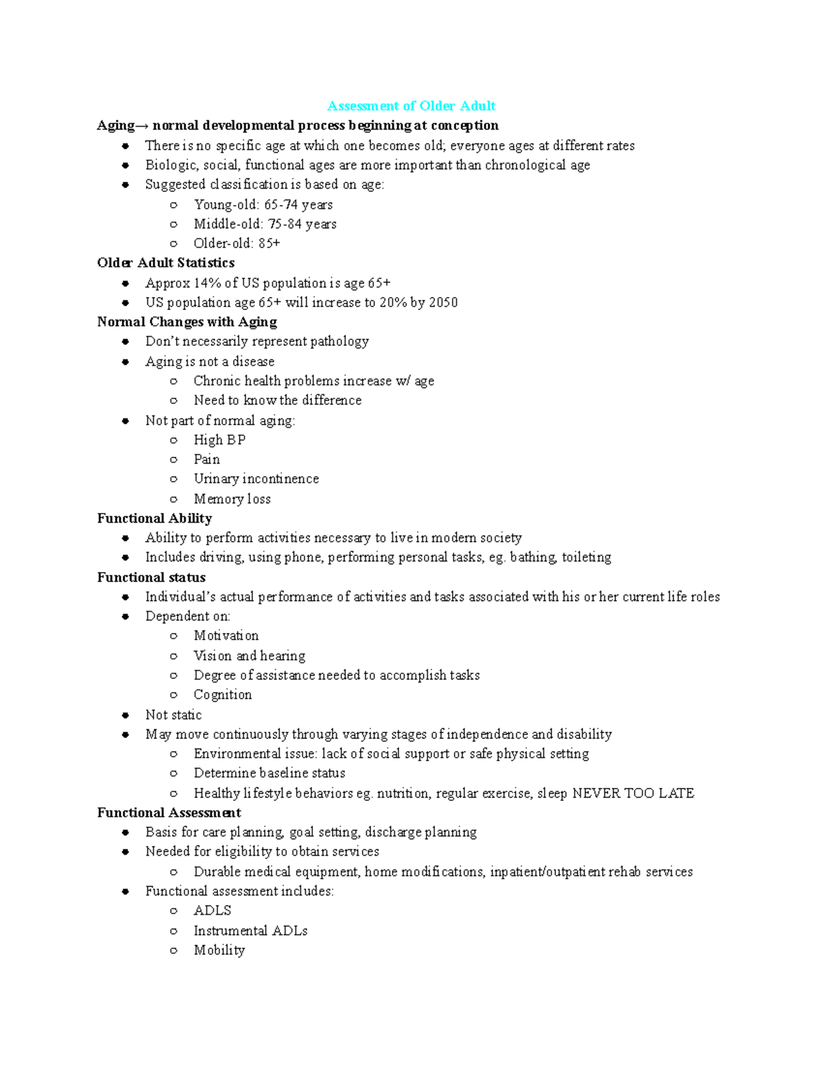 Older adult assessment - Assessment of Older Adult Aging→ normal ...