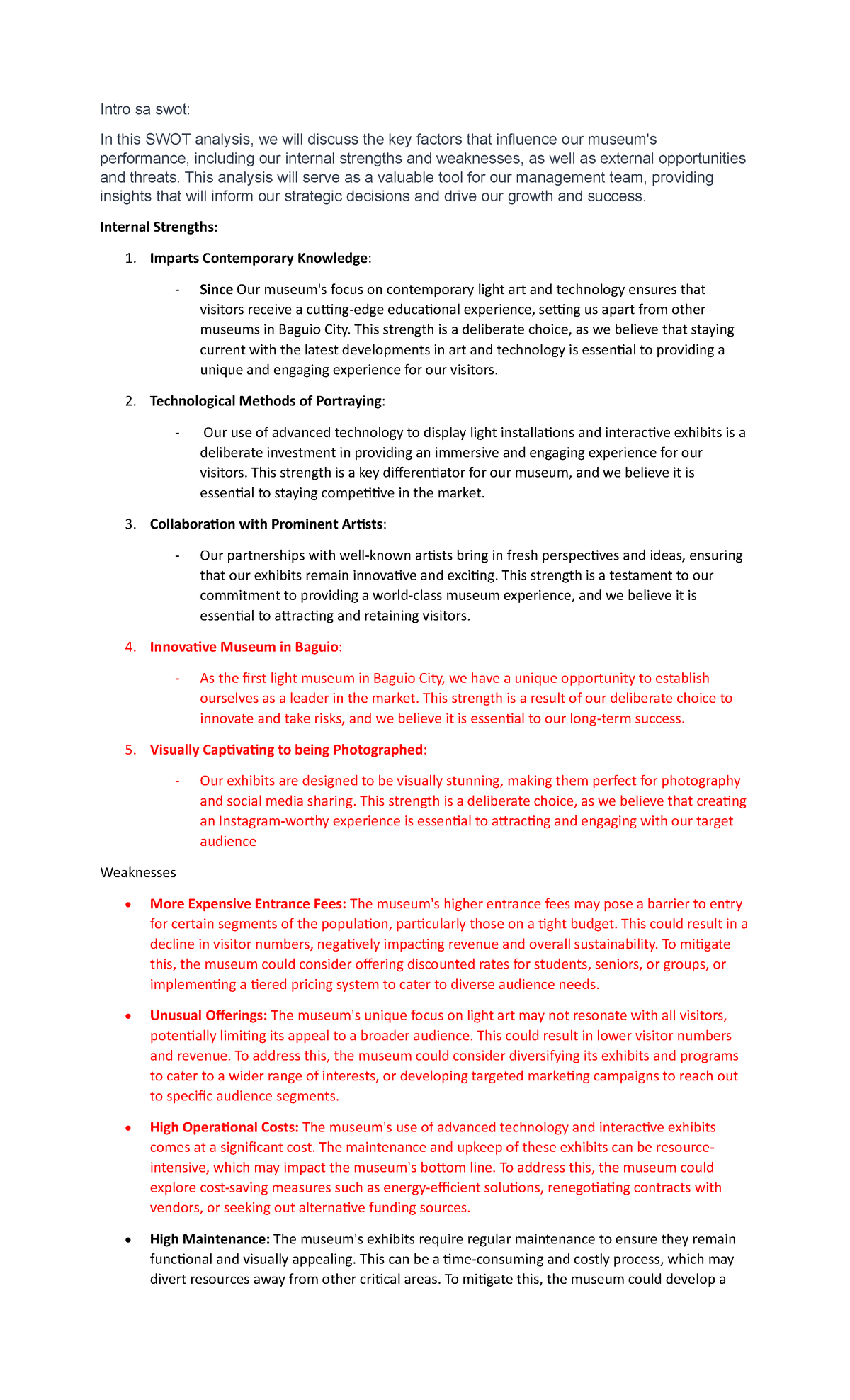 Sw explanation - freadings - Intro sa swot: In this SWOT analysis, we ...
