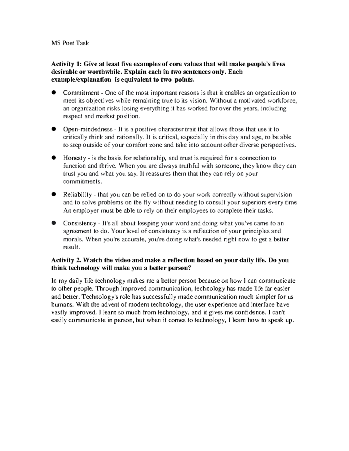 STS-M5 POST TASK - Core Values - M5 Post Task Activity 1: Give at least ...