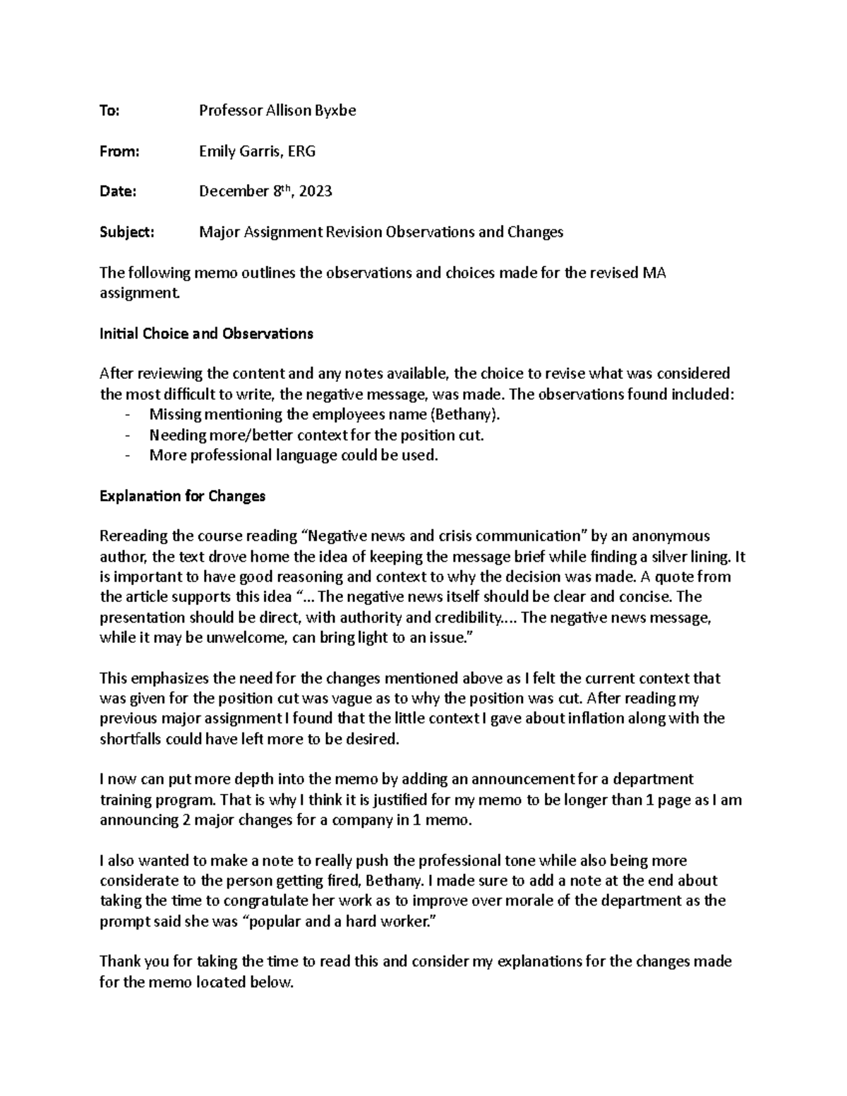 Final Major Assignment (revision) - To: Professor Allison Byxbe From ...