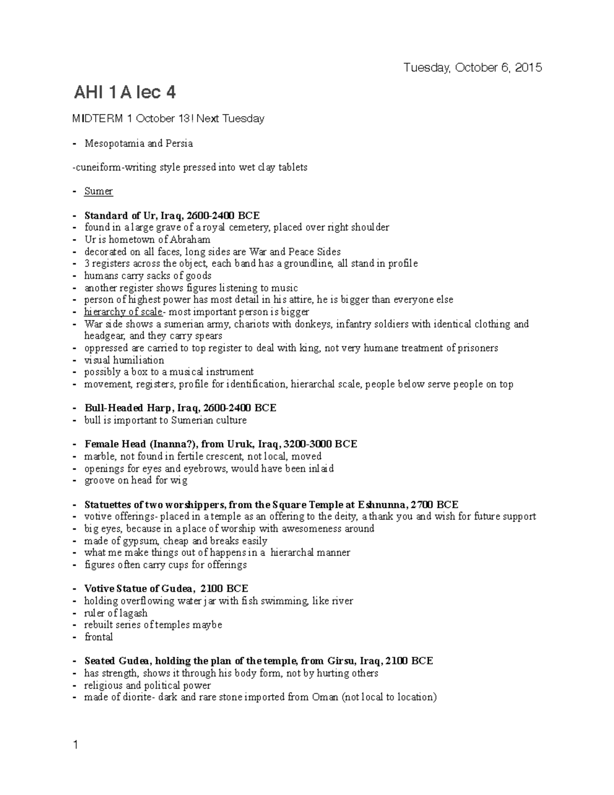 AHI 1A lec 4 - Lecture notes 4 - Tuesday, October 6, 2015 AHI 1A lec 4 ...