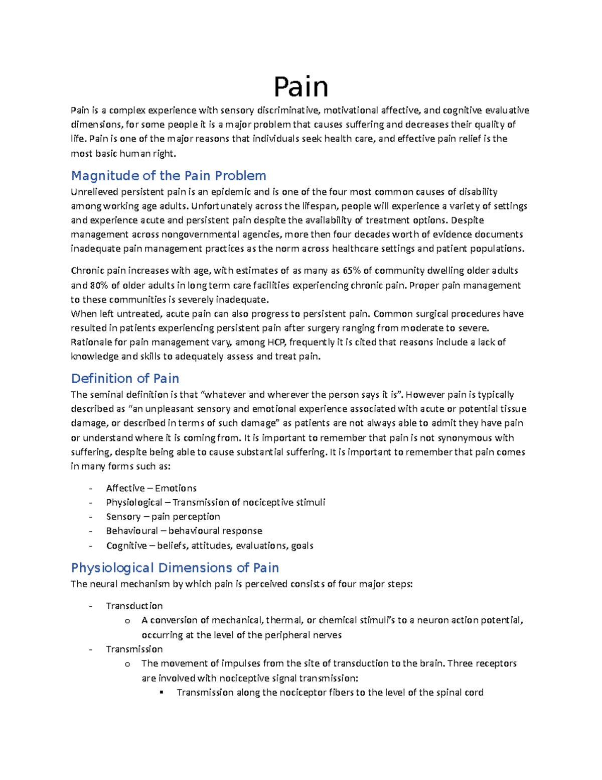 Chapter 10 Pain - Pain Pain is a complex experience with sensory ...