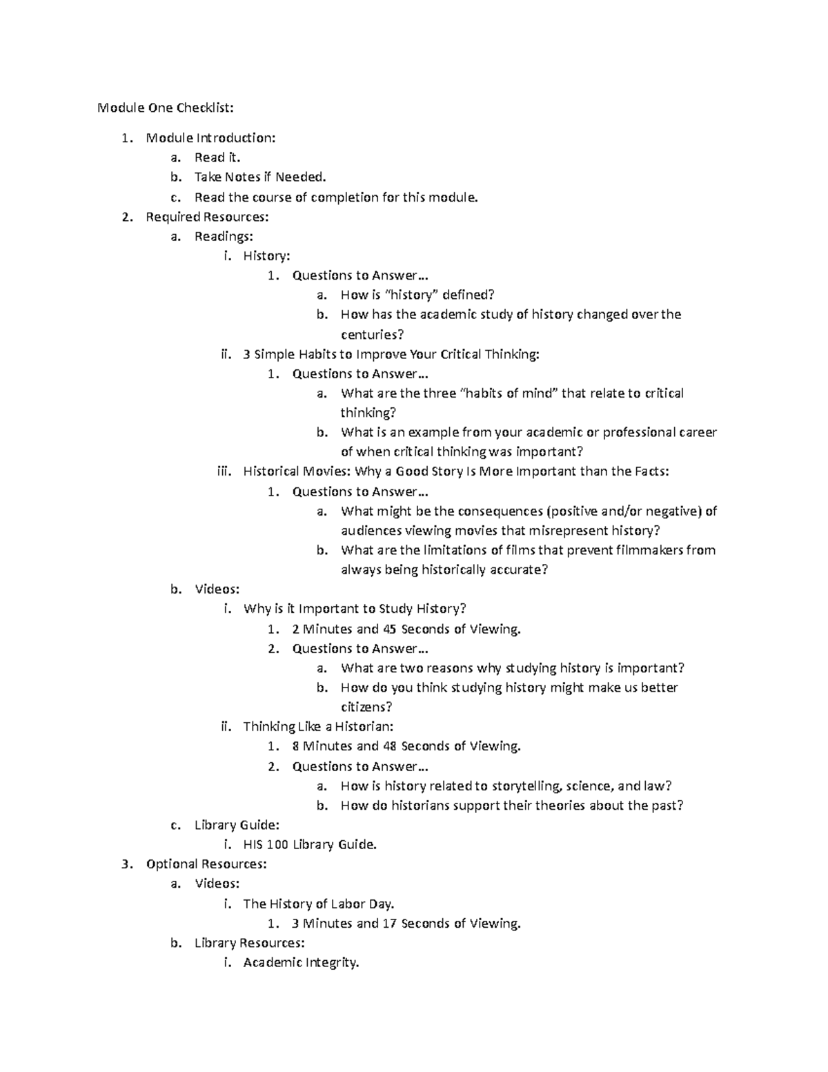 Module One Checklist - Module Introduction: a. Read it. b. Take Notes ...