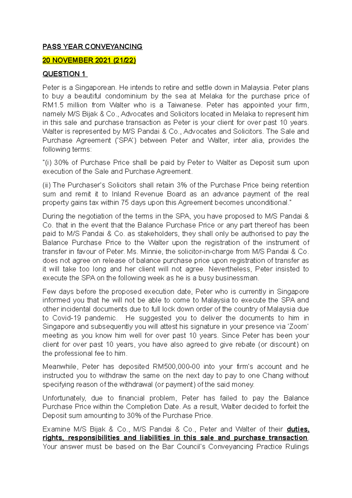 PASS YEAR Conveyancing INCOMPLETE - PASS YEAR CONVEYANCING 20 NOVEMBER ...