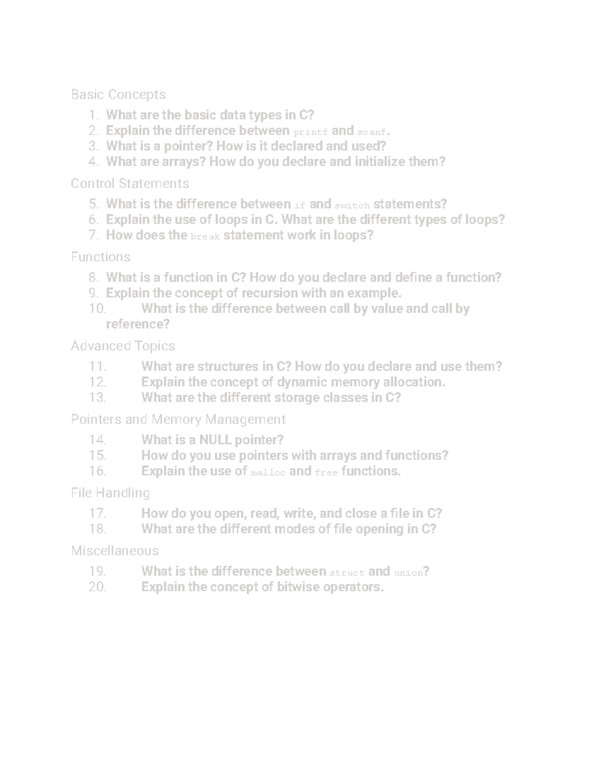 Document 1stdoc Question Regarding C Programming Basic Concepts 1 What Are The Basic