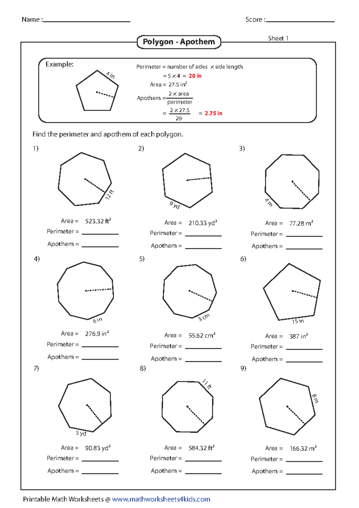 Apothem-all - english worksheet - Find the perimeter and apothem of ...