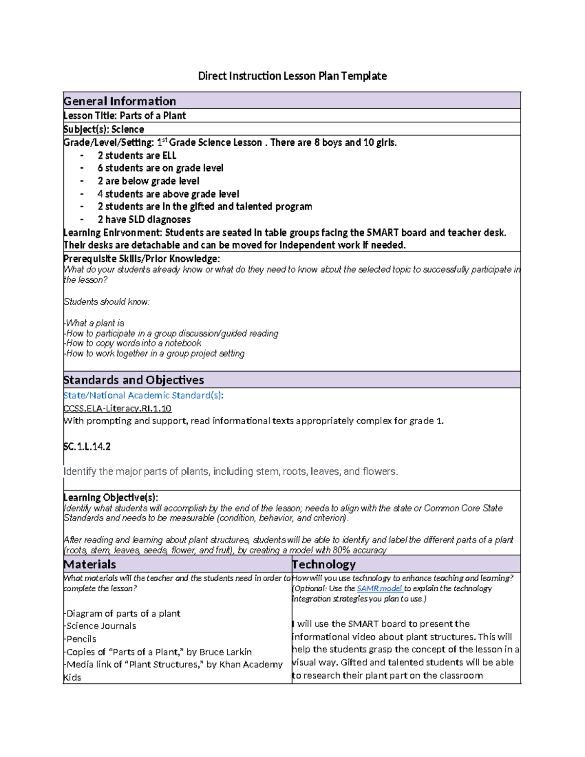 Task 1 Science Lesson with Reading Standard - Direct Instruction Lesson ...